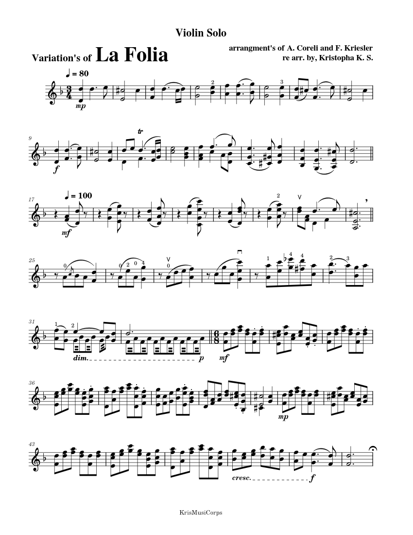 La Folia – Arcangelo Corelli LaFolia 2 Sheet Music for Violin (Solo ...