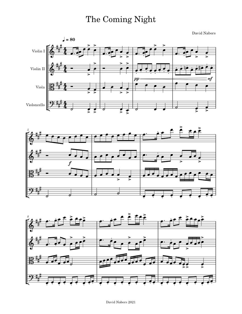 The Coming Night Sheet music for Violin, Viola, Cello (String Quartet ...