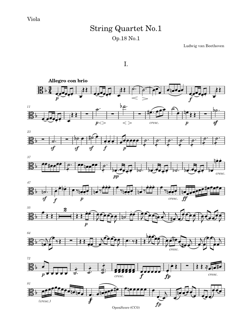 String Quartet No.1, Op.18 No.1 – Ludwig van Beethoven - Viola - piano tutorial