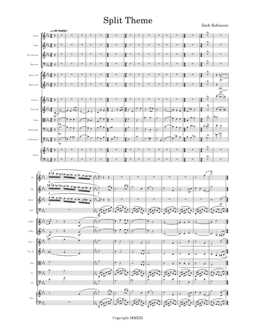 Split Theme Sheet Music for Piano, Flute, Oboe, Clarinet in b-flat & more instruments (Chamber ...