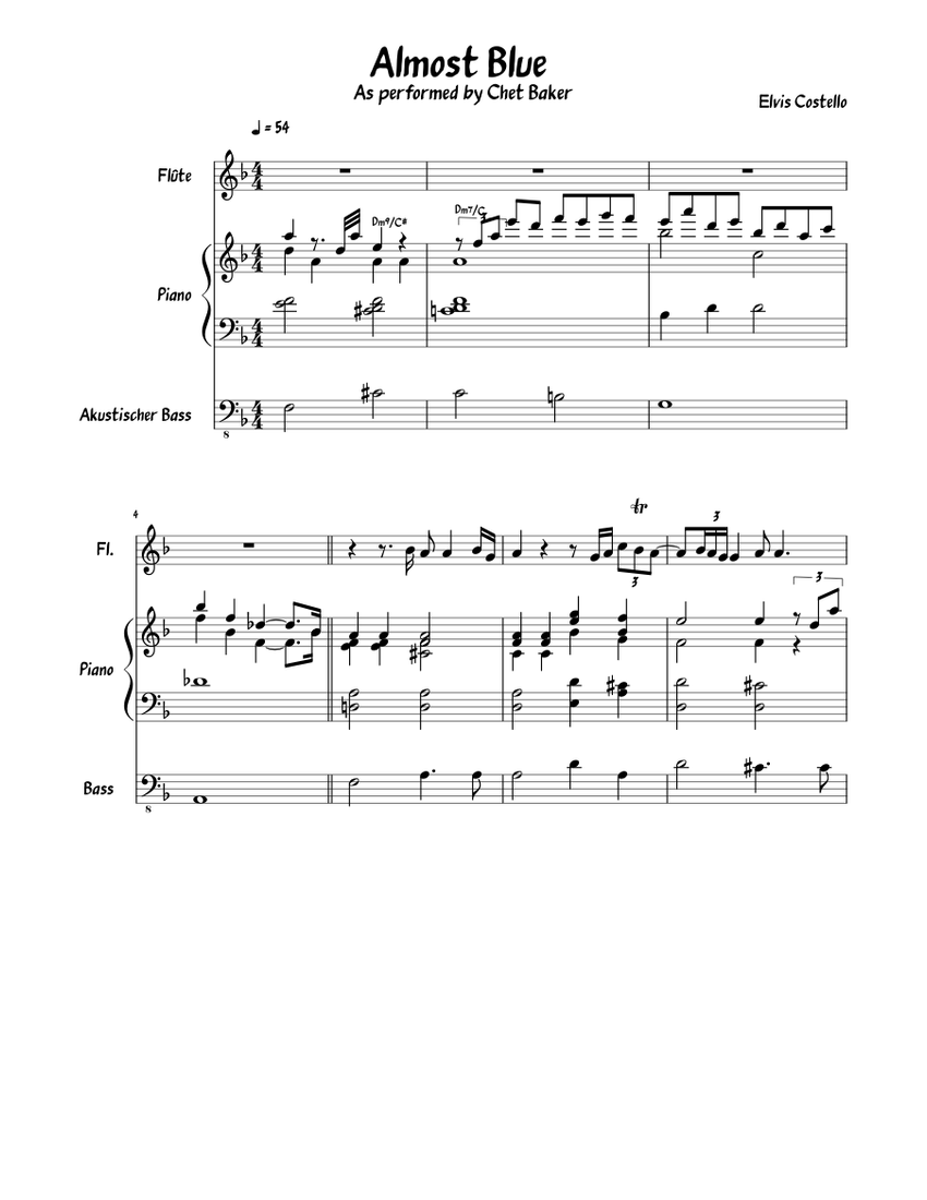 Almost Blue 2 Sheet Music for Piano, Flute, Bass guitar (Mixed Trio ...