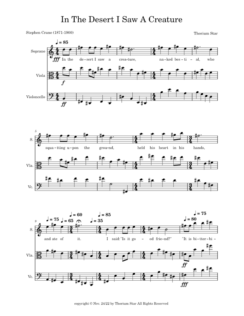 In The Desert I Saw A Creature Sheet Music for Soprano, Viola, Cello ...