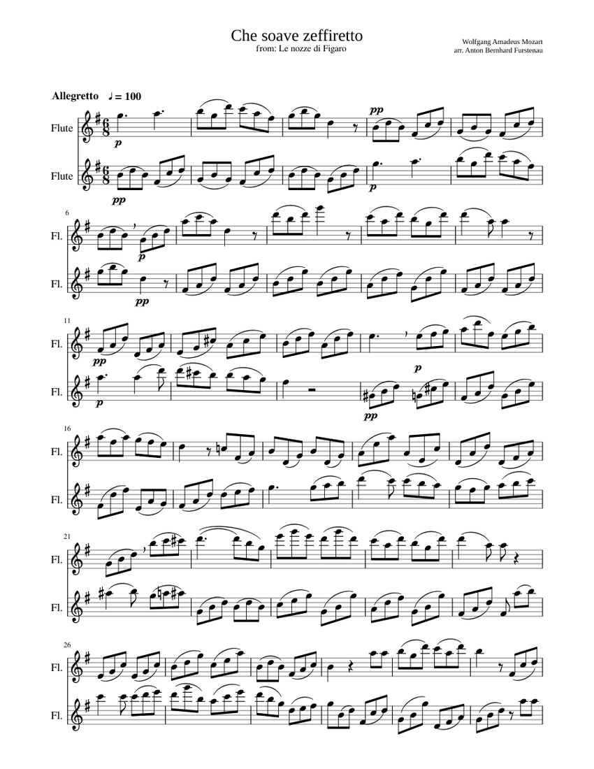 W.A. Mozart - Che soave zeffiretto Sheet Music for Flute (Woodwind Duet ...