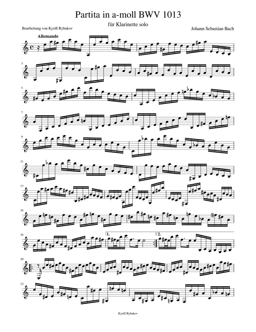 J.S.Bach Partita in a-moll BWV 1013 Sheet Music for Clarinet in b-flat ...