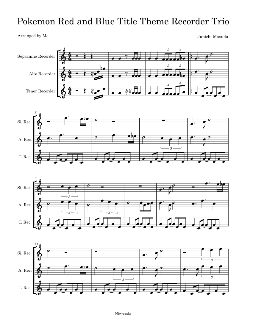 Pokemon Red and Blue Title Theme Recorder Trio Sheet music for Recorder ...