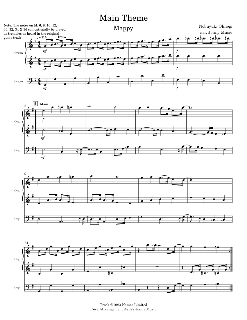 Mappy Arcade Main Theme Organ Cover Sheet Music For Organ Solo
