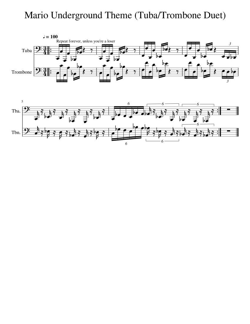Mario Underground Theme Tuba Trombone Duet Sheet Music for Trombone ...