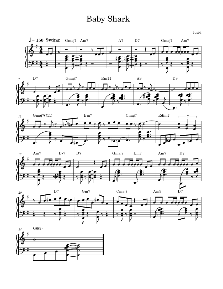 Baby Shark Jazz (Version 2) Sheet Music for Piano (Solo) | MuseScore.com
