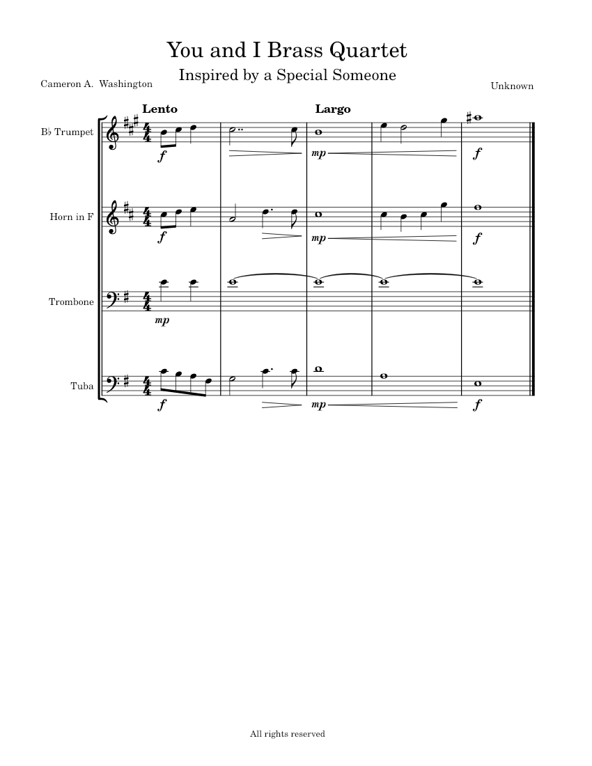 You and I Brass Quartet Sheet Music for Trombone, Tuba, Trumpet in b ...