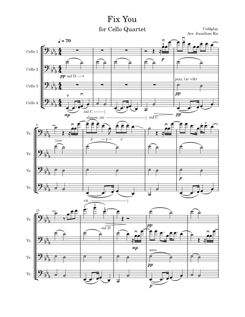 Fix You – Coldplay (for Cello Quartet) Sheet music for Cello (String ...