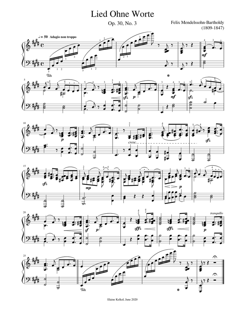 Mendelssohn - Lied Ohne Worte Op. 30 No. 3 Sheet Music for Piano (Solo ...