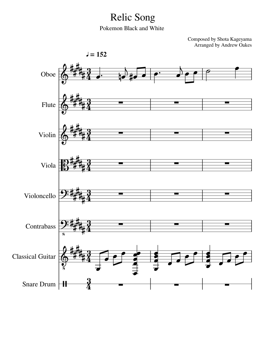 Relic Song - Pokemon Black and White Sheet Music for Piano, Flute, Oboe ...