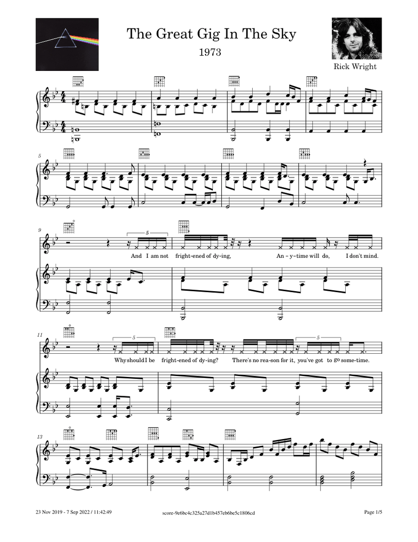 The Great Gig In The Sky – Pink Floyd Sheet music for Piano, Female ...