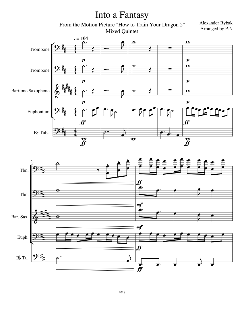 Into a Fantasy (HTTYD 2) (Mixed Quintet) Sheet Music for Trombone ...
