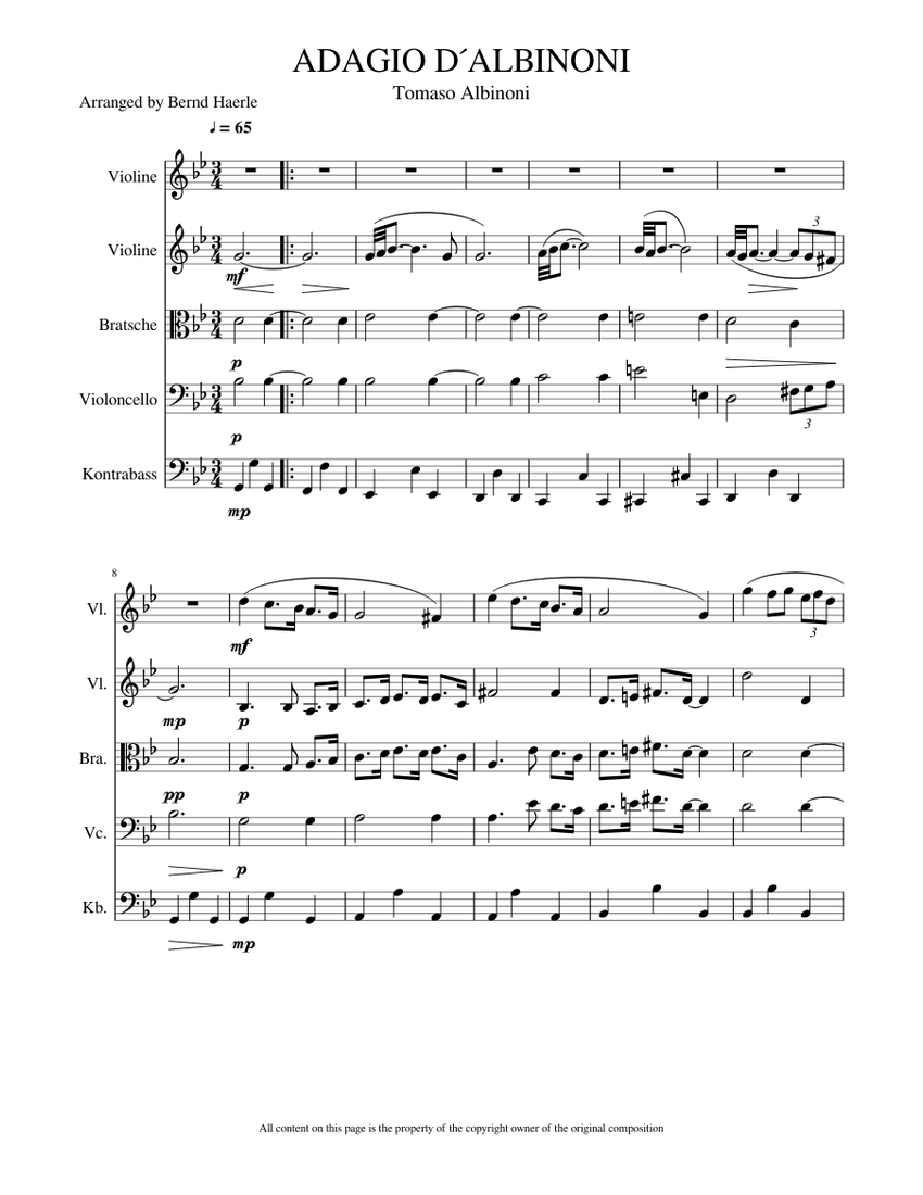 ADAGIO D ALBINONI Sheet Music for Contrabass, Violin, Viola, Cello ...
