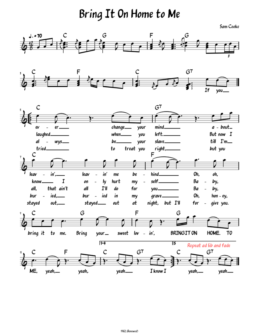 Bring It on Home to Me (Lead sheet with lyrics ) Sheet music for Piano ...