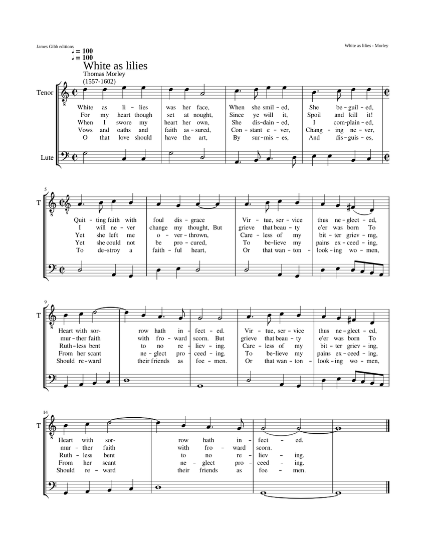 White as lilies was her face - Thomas Morley Sheet music for Tenor ...