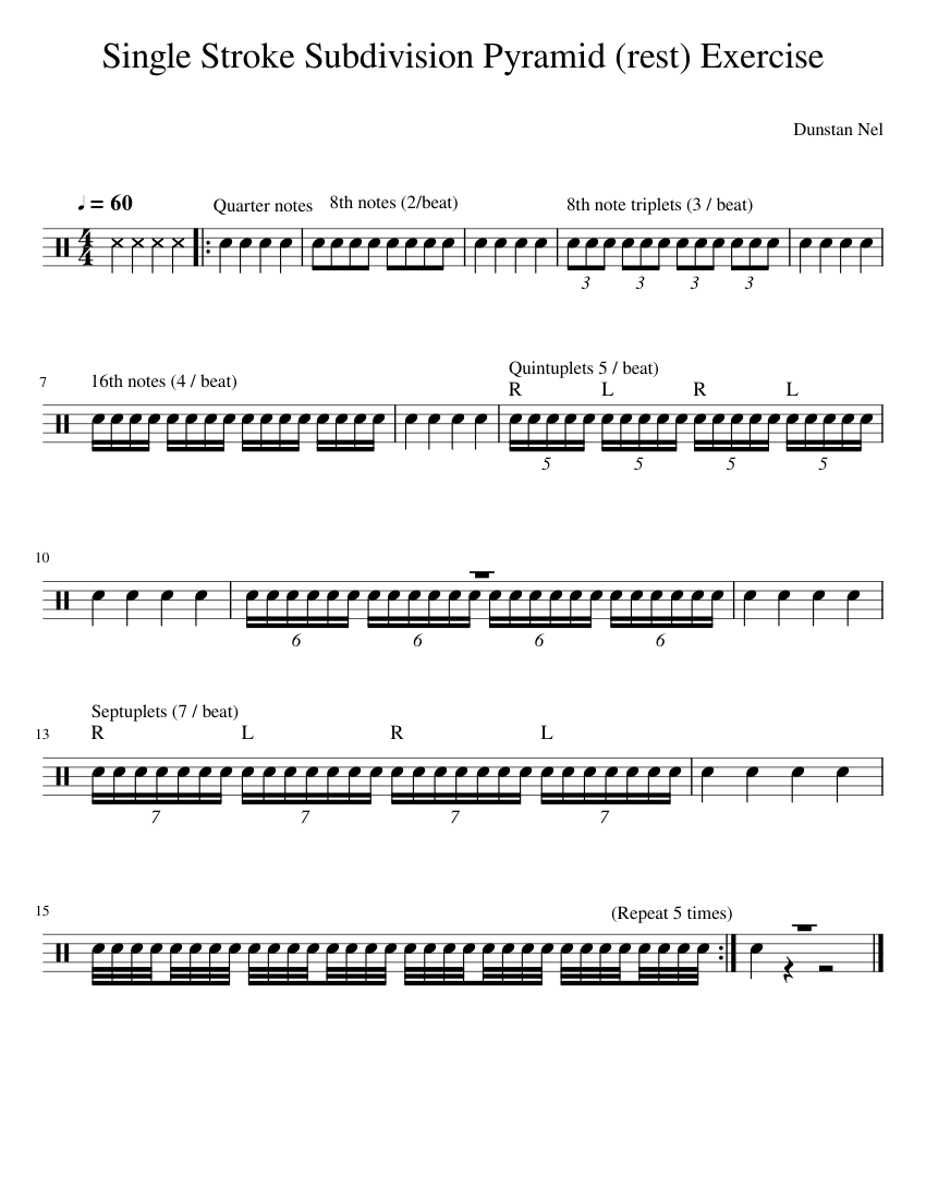 Single Stroke Subdivisions Pyramid (rest) warm-up exercise Sheet Music ...