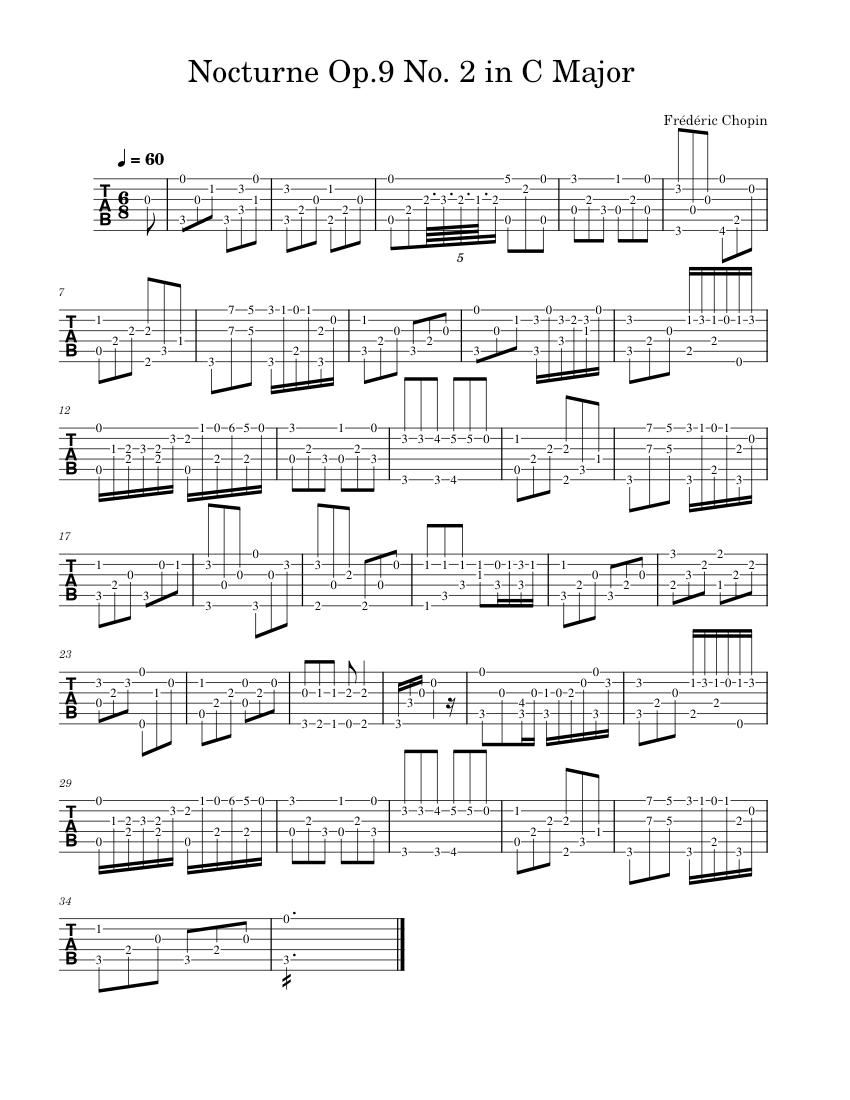 Nocturne Op 9 No 2 - Chopin Sheet Music and Tab for Guitar (Solo ...
