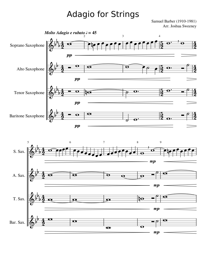 Adagio for Strings Sheet music for Saxophone alto, Saxophone tenor ...