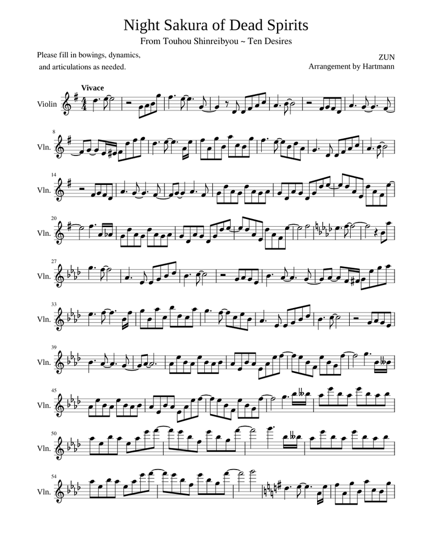 Touhou Night Sakura of Dead Spirits [Violin] Sheet music for Violin ...