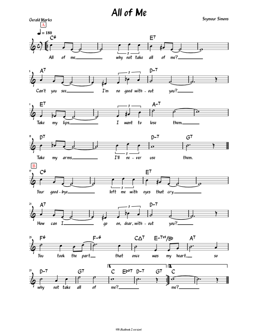 All Of Me (Lead sheet with lyrics ) Sheet music for Piano (Solo ...