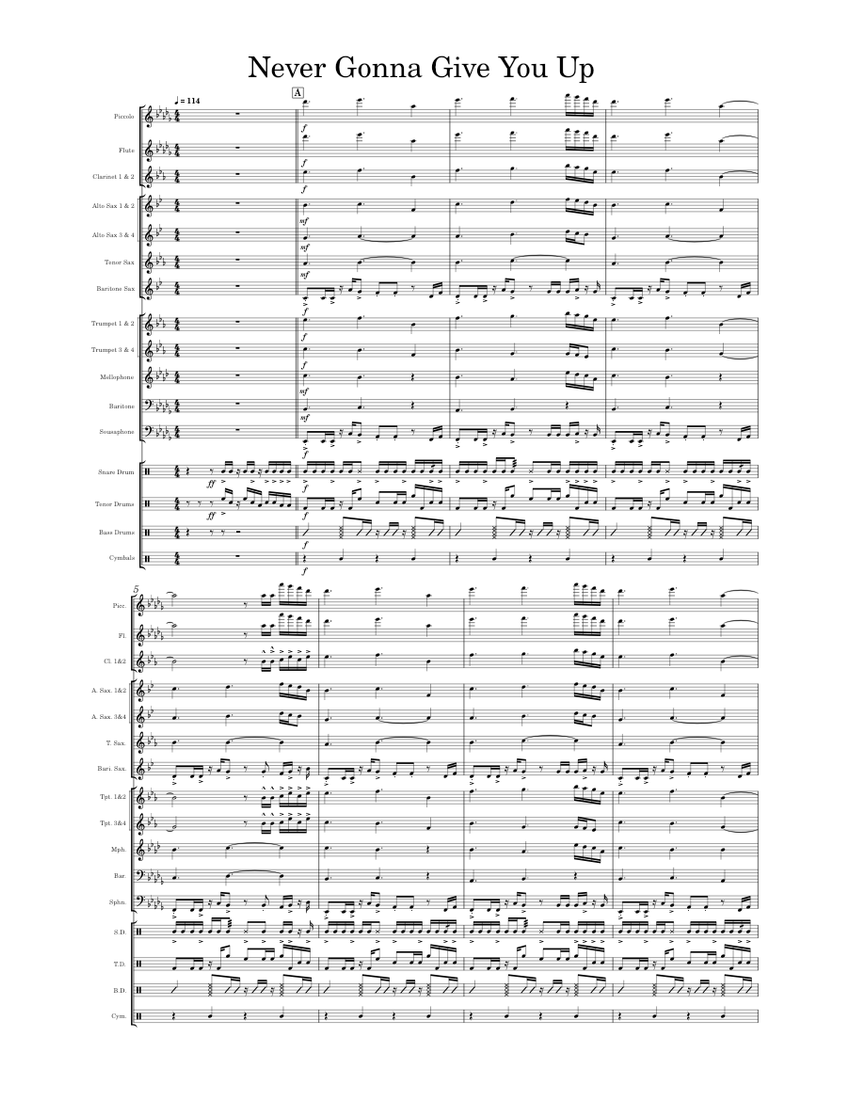 Never Gonna Give You Up – Rick Astley (Rickroll Pep Tune) Sheet Music ...