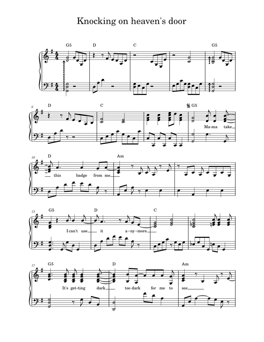 Knockin'on heaven's door – Bob Dylan Sheet music for Piano (Solo) | Musescore.com