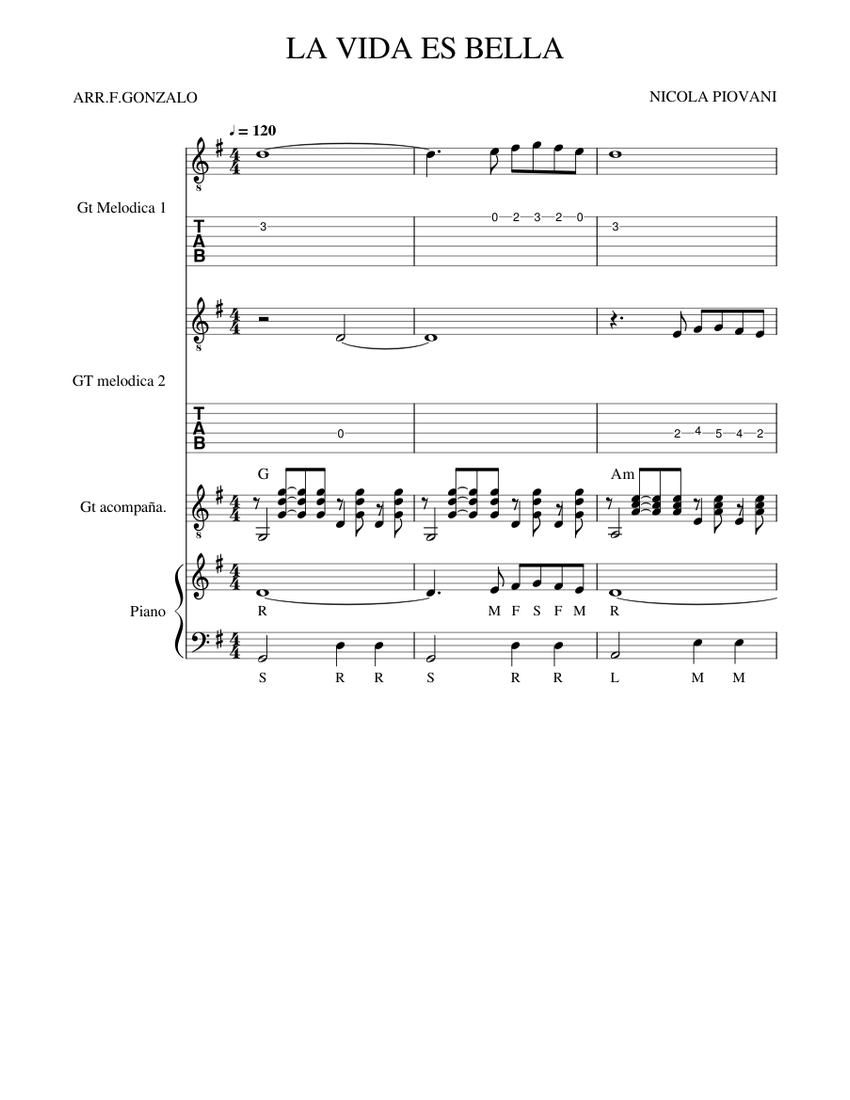 LA VIDA ES BELLA Sheet Music and Tab with Chords for Piano, Guitar ...