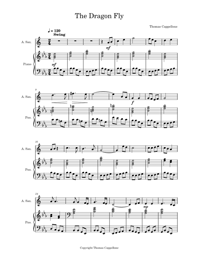 The Dragon Fly Sheet Music for Piano, Saxophone alto (Mixed Duet ...