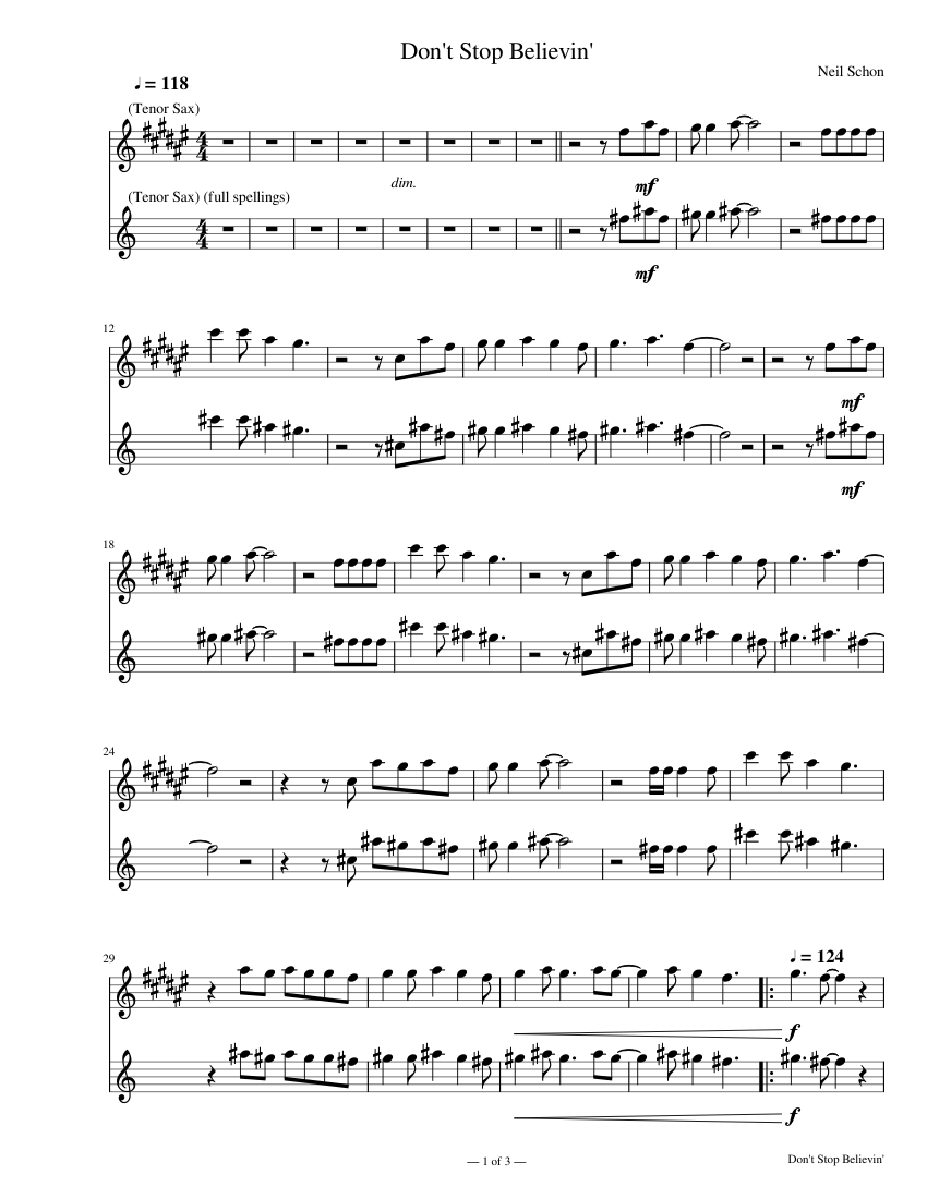 Don't Stop Believing Sheet Music for Saxophone tenor (Woodwind Duet ...