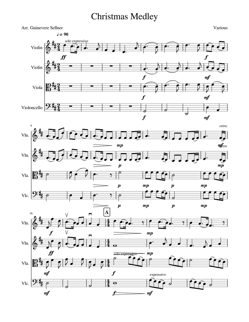 Christmas Medley Sheet Music for Violin, Viola, Cello (String Quartet ...