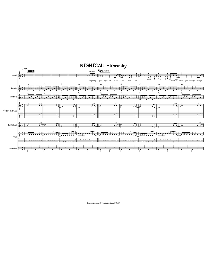 Nightcall - Kavinsky - Sheet Music and Tab with Chords for Guitar, Bass ...