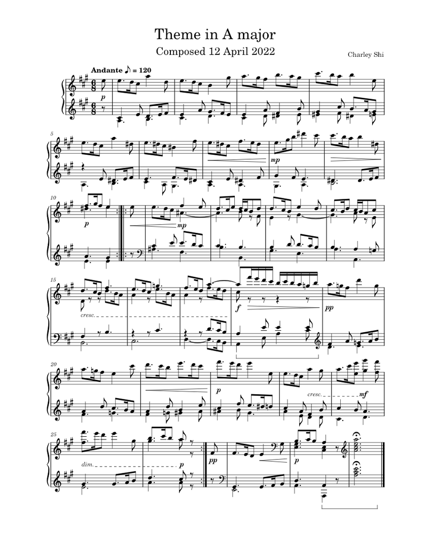 Theme in A major Sheet music for Piano (Solo) | Musescore.com