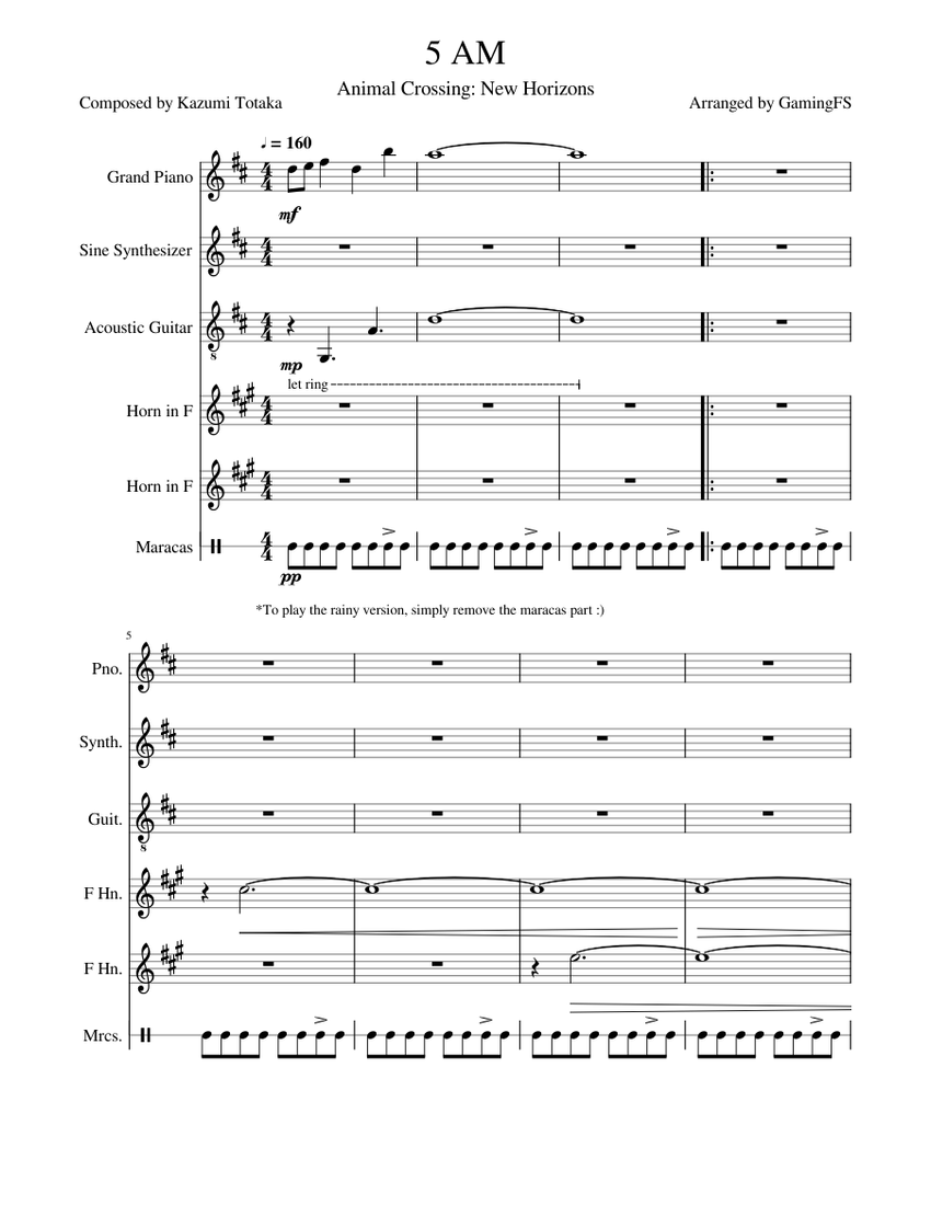 Animal Crossing: New Horizons - 5 AM Sheet Music for Piano, French horn ...