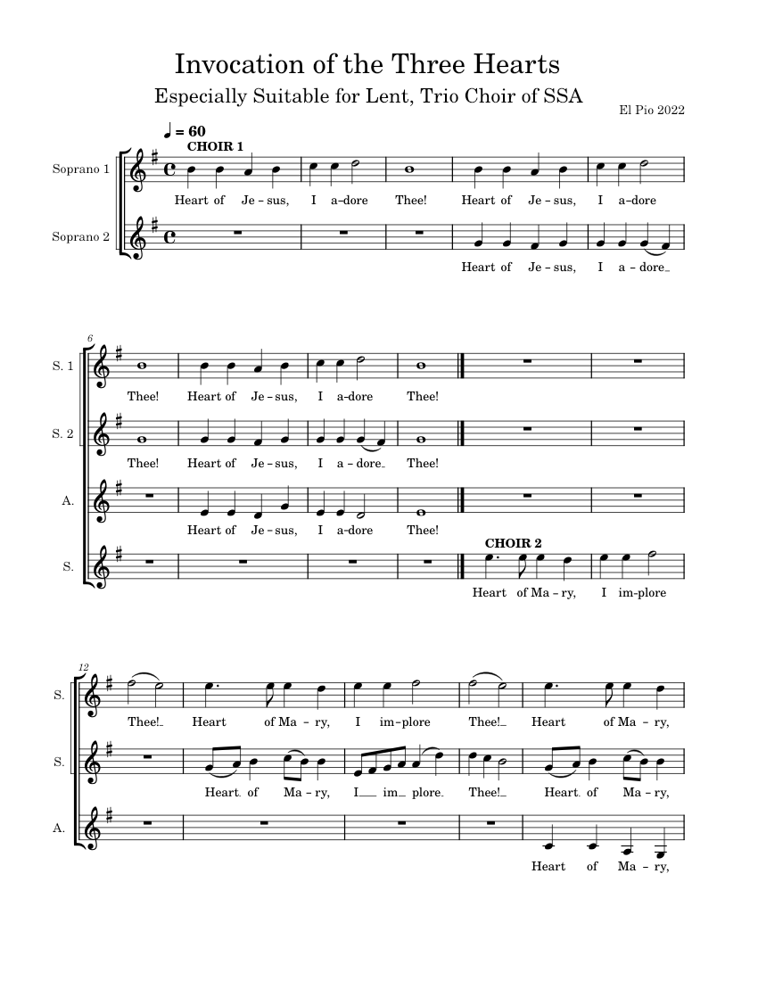 Invocation of the Three Hearts SSA 3 Choirs Sheet Music for Soprano ...