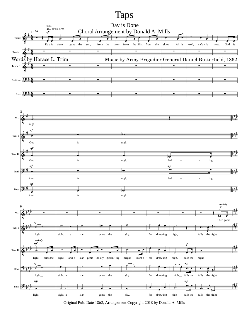 Taps – Traditional Bugle Call Sheet Music for Tenor, Bass voice, Vocals ...