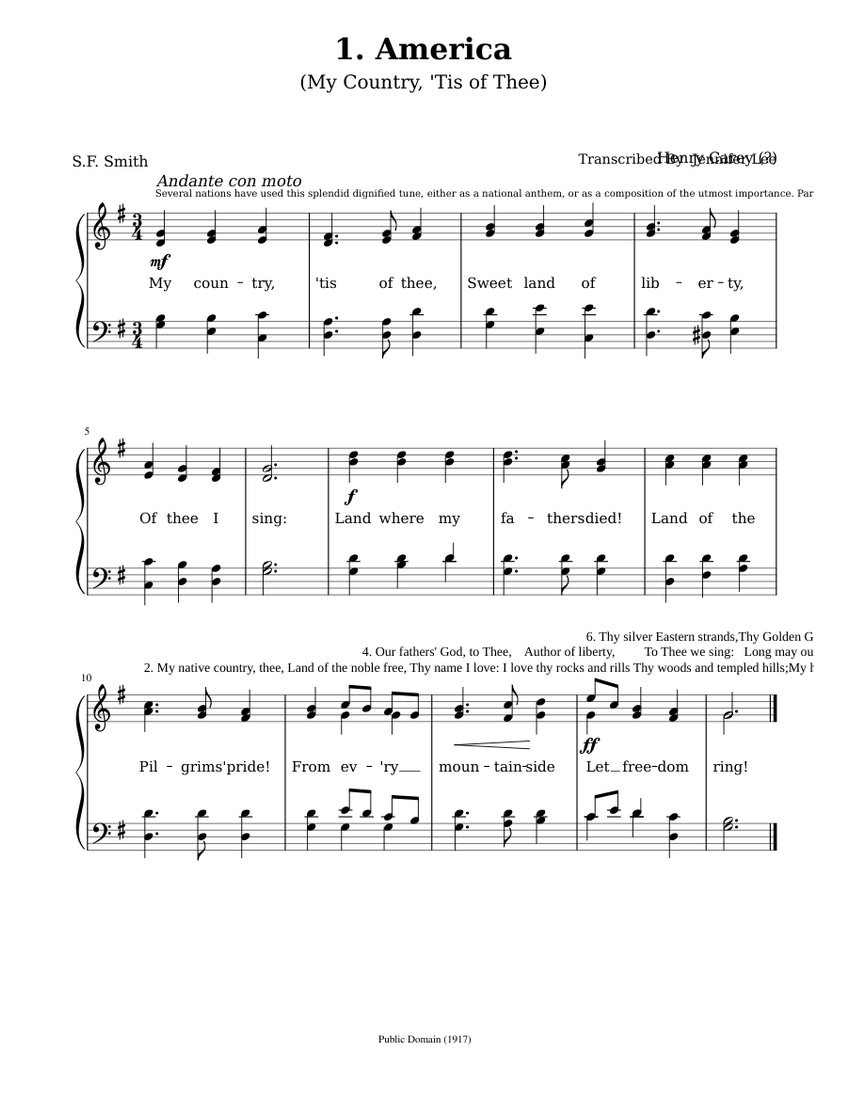 My Country, 'Tis of Thee aka America, my country 'tis of thee ...