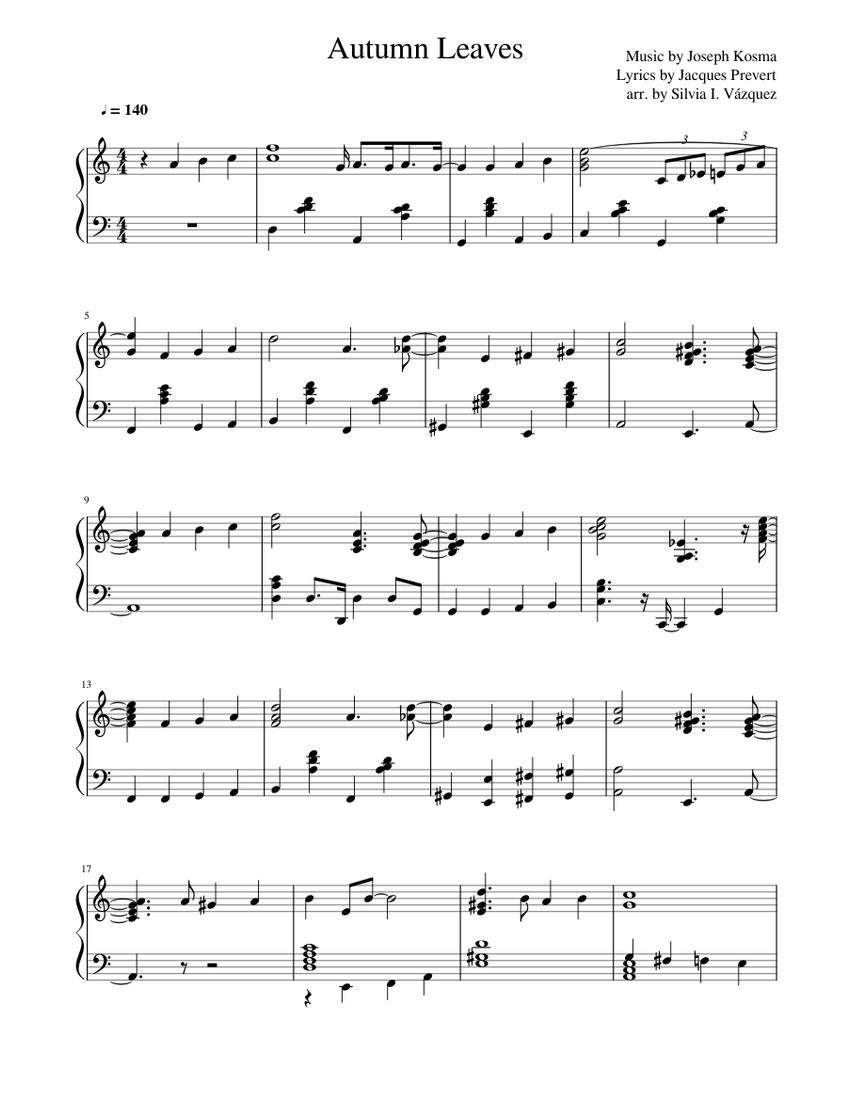 Autumn Leaves Piano arrangement Sheet music for Piano (Solo ...