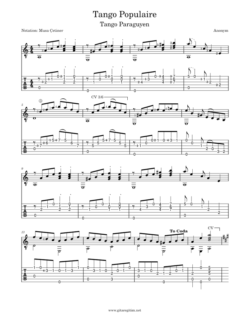 Tango Populaire Sheet Music and Tab for Guitar (Solo) | MuseScore.com