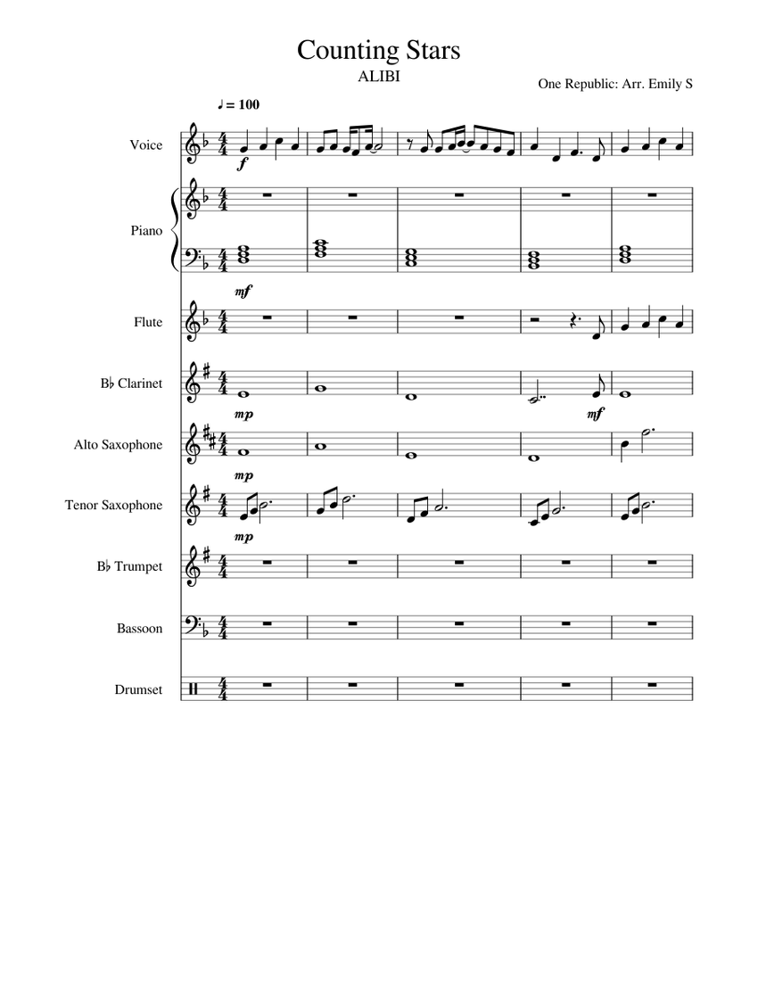 Counting Stars Sheet Music for Piano, Vocals, Flute, Clarinet in b-flat ...