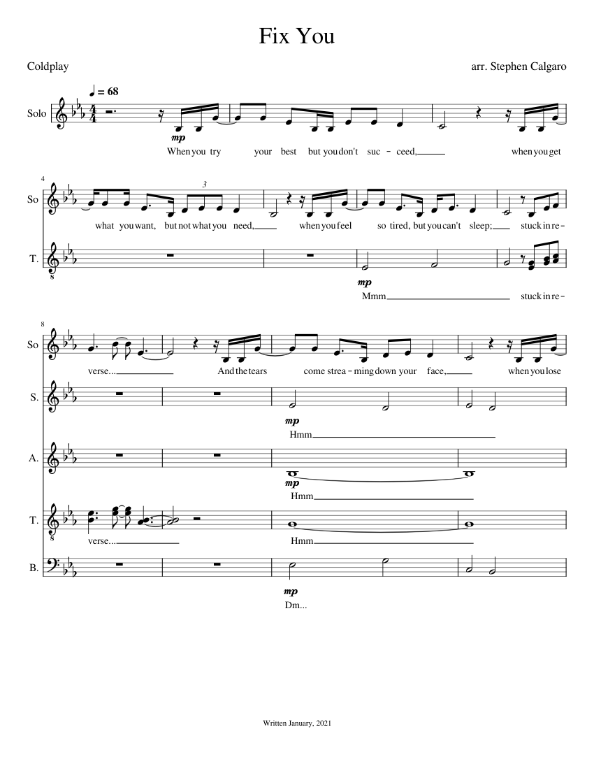 Fix You - Coldplay (SATB) Sheet Music for Soprano, Alto, Tenor, Bass ...