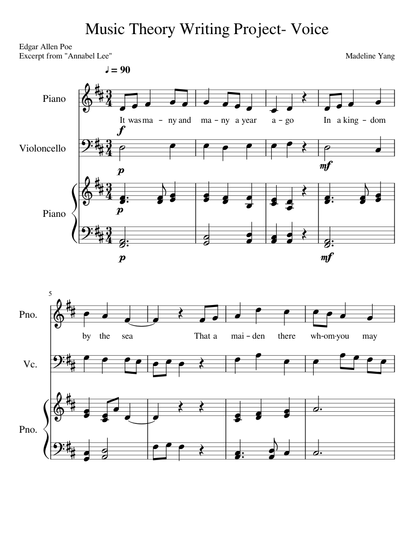 Music Theory Writing Project- Voice Sheet music for Piano, Cello (Mixed ...