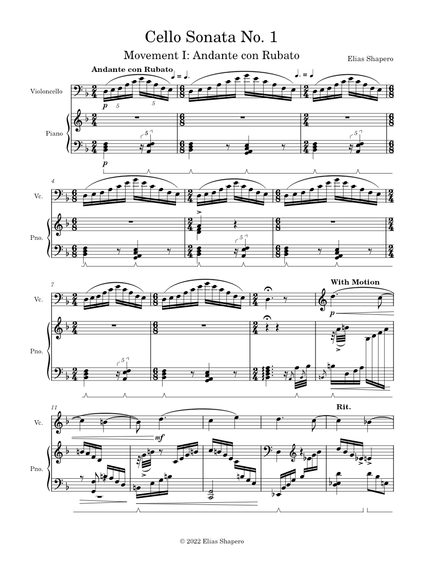 Cello Sonata No. 1, I. Andante con Rubato Sheet music for Piano, Cello ...