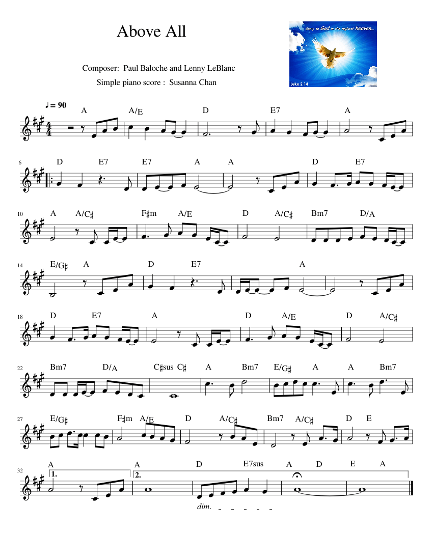Above All Sheet Music with Chords for Piano (Solo) easy | MuseScore.com