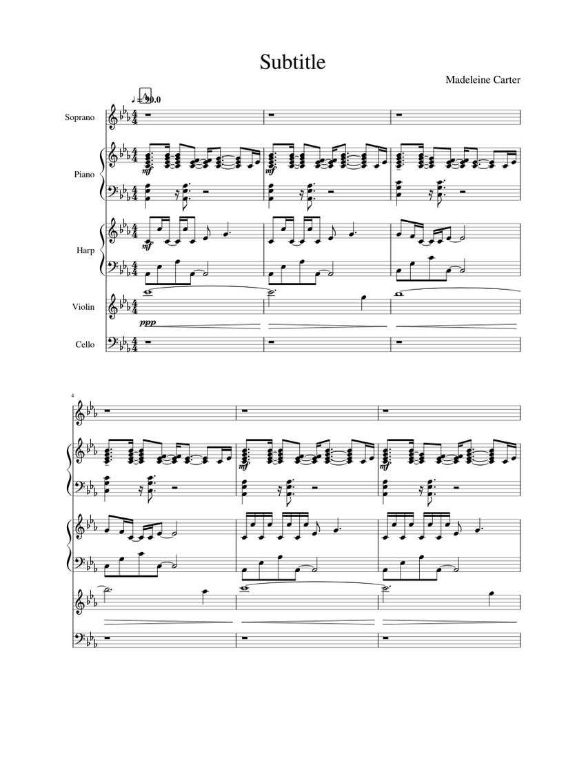 Subtitle Sheet music for Piano, Violin, Cello, Harp (Mixed Quartet ...