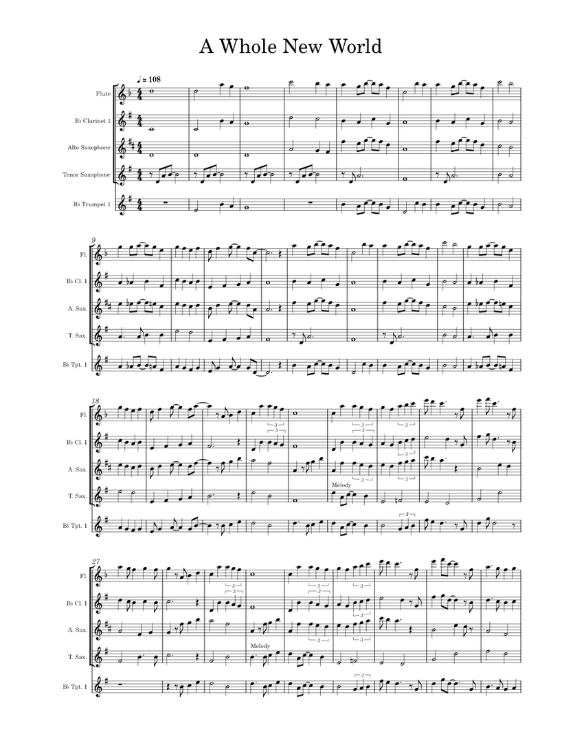 A Whole New World – Alan Menken A Whole New World Sheet music for Flute, Clarinet in b-flat ...