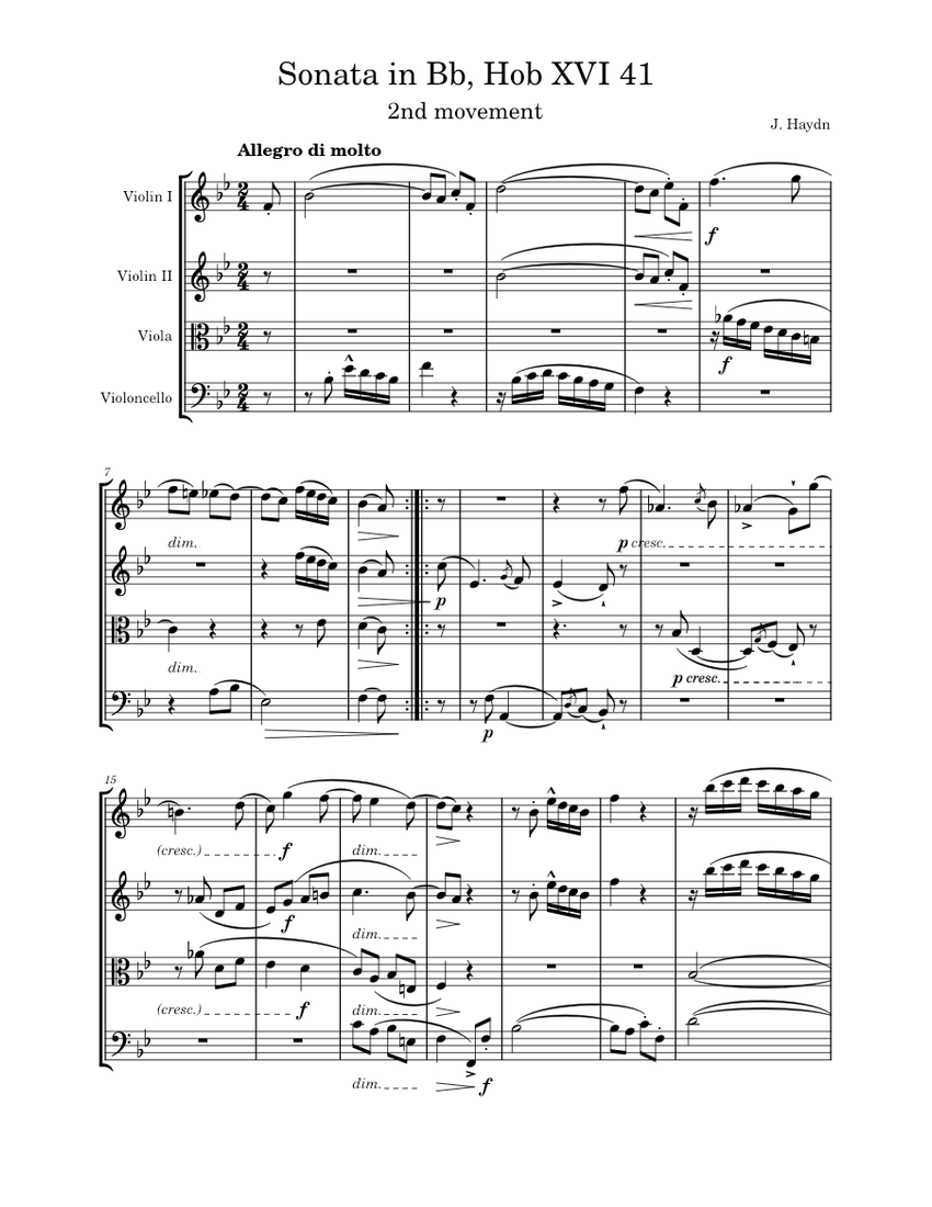 Sonata in Bb, Hob XVI 41 – Joseph Haydn Sheet Music for Violin, Viola ...
