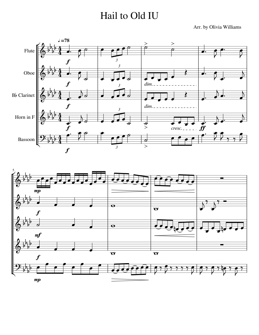 Hail to the Old IU Sheet Music for Flute, Oboe, Clarinet in b-flat ...