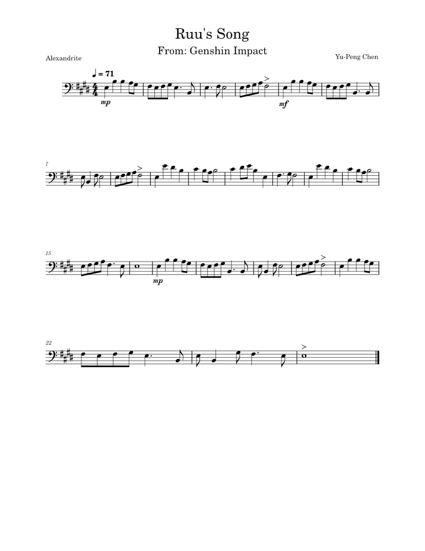 Ruu's Song – Yu-Peng Chen (Genshin Impact) Sheet music for Cello (Solo ...